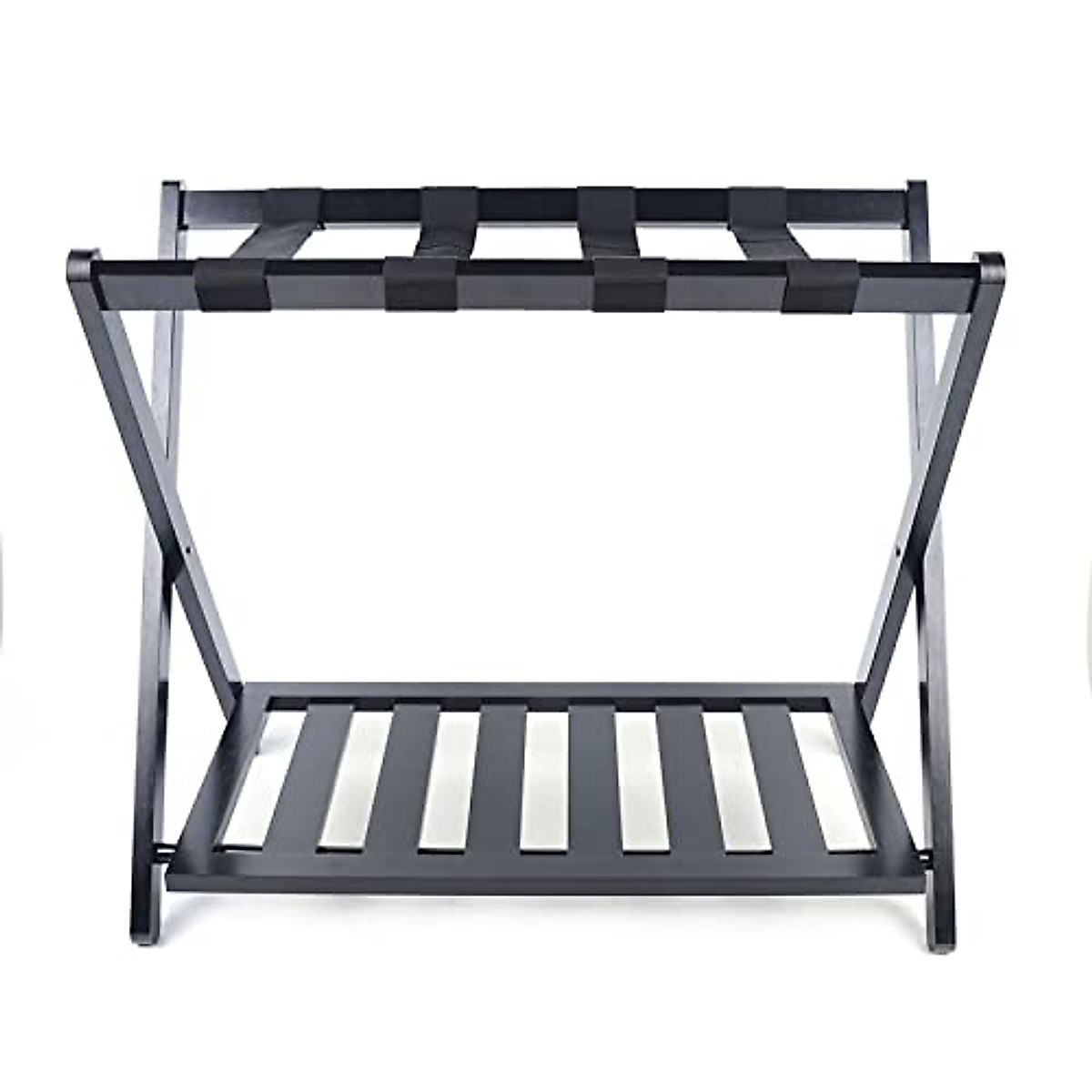 TBVECHI Luggage Rack, Household 2 Tier Black Luggage Storage Rack Folding Bedroom Storage Rack High-Grade Bamboo Wood Foldable Design Easy to Store Strong Load-Bearing Capacity for Home Hotel Use
