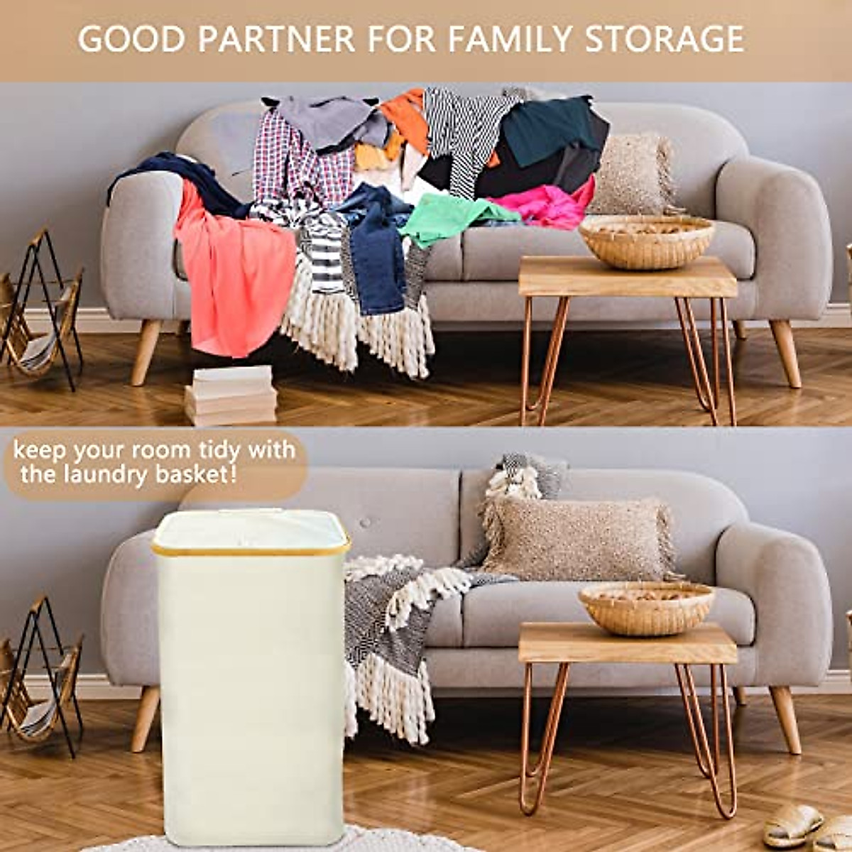 Large Laundry Basket with Lid, Beige 100 L Laundry Hamper with Bamboo Handles, Portable Clothes Hamper for Bathroom, Bedroom, Toy Room, Freestanding Collapsible Laundry Baskets
