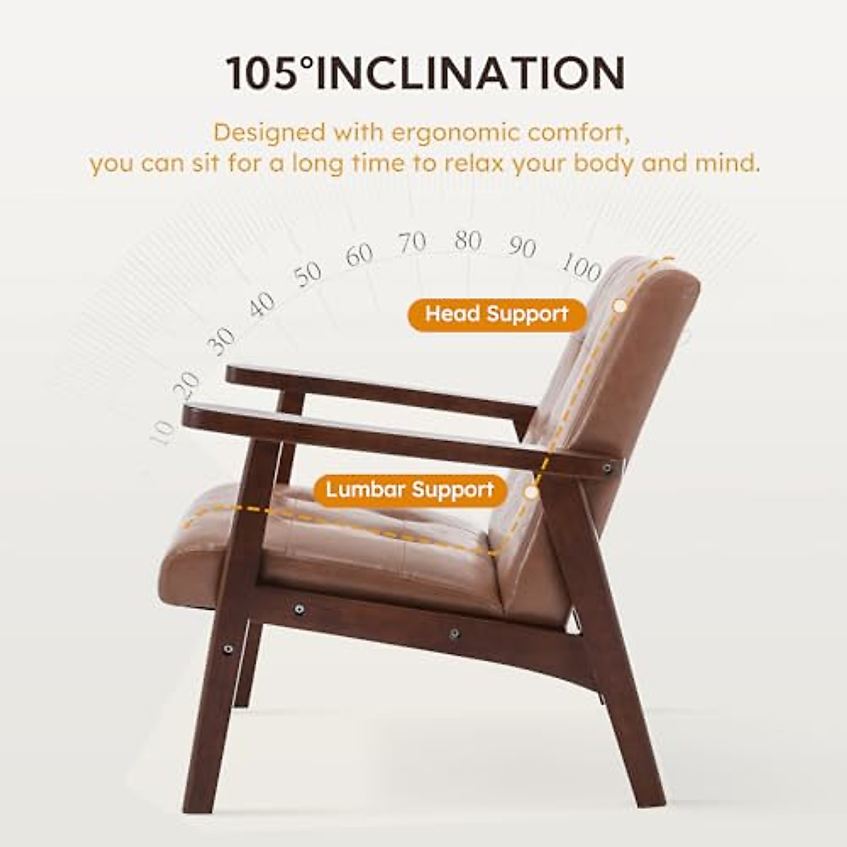 Bonzy Home Mid Century Modern Accent Chair for Living Room, Upholstered Faux Leather Armchair Comfy Retro Bedroom Side Chair with Solid Wood Frame, Orange