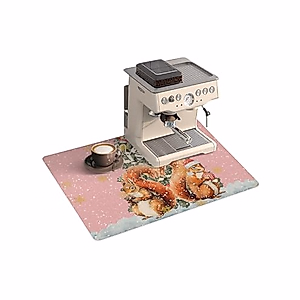 Coffee Mat for Counter, Merry Christmas Squirrel with Xmas Trees Pink Absorbent Hide Stain Coffee Bar Mat, Non-slip Coffee Bar Accessories Kitchen Drying Mat Fit Under Coffee Maker Espresso Machine