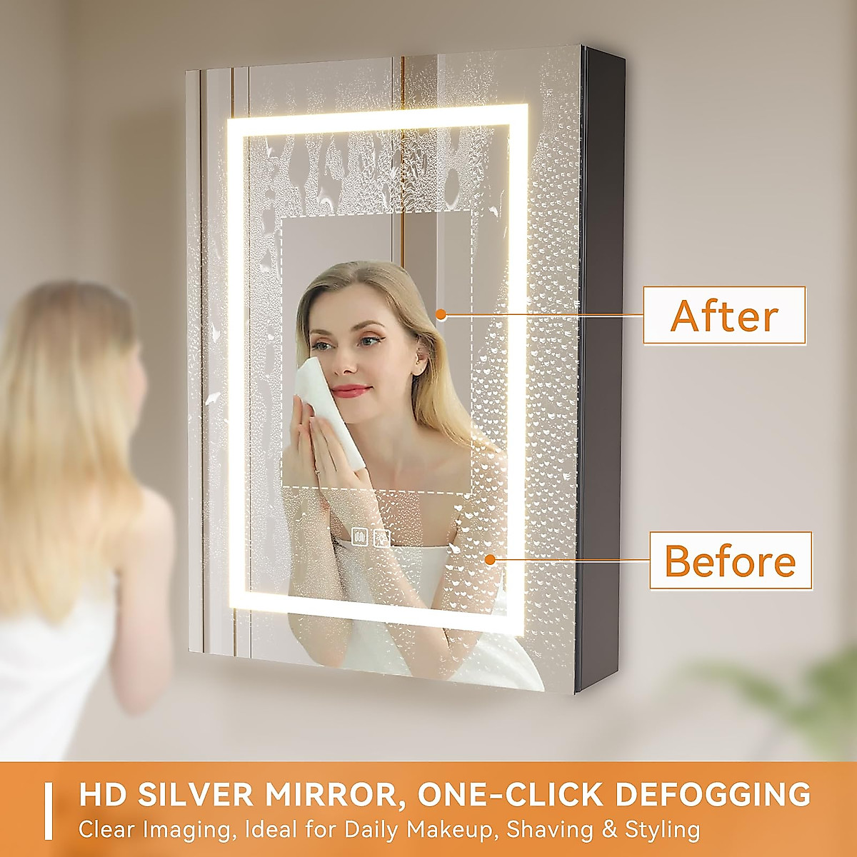 AOOCOW Bathroom Medicine Cabinet with Lights, 20 x 28 Inches LED Mirror Medicine Cabinet, Defogger,3-Color Temp, Black Aluminum Lighted Medicine Cabinet, Surface Mount