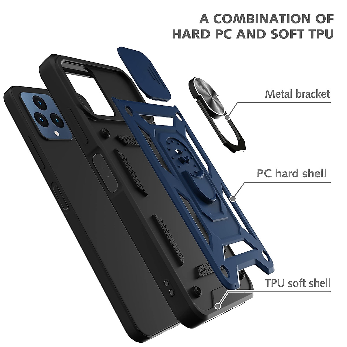 AKINIK for T-Mobile REVVL 6 5G Case, Revvl 6X 5G Case with Slide Camera Cover and 2pcs HD Screen Protector, 360° Rotation Ring Kickstand [Military Grade] Protective Case (Blue)