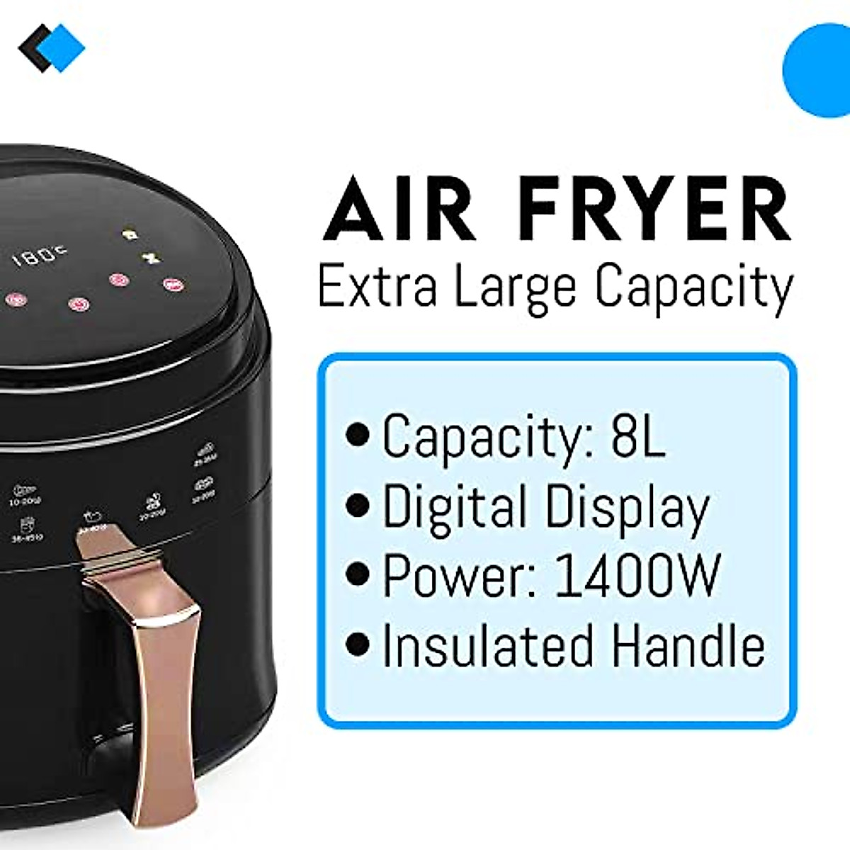 Silver Crown Deep Air Fryer – Electric Hot Air Fryer with Digital Display & XL Capacity, 1400 Watts, Instant Healthy & Low Calorie Cooking Essentials, Oilless Meals, Kitchen Countertop Accessories