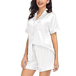 SWOMOG Couple Matching Pajamas Set Satin Short Sleeve Sleepwear Silky Pj Set for Women Button-Down Two-Pieces Nightwear