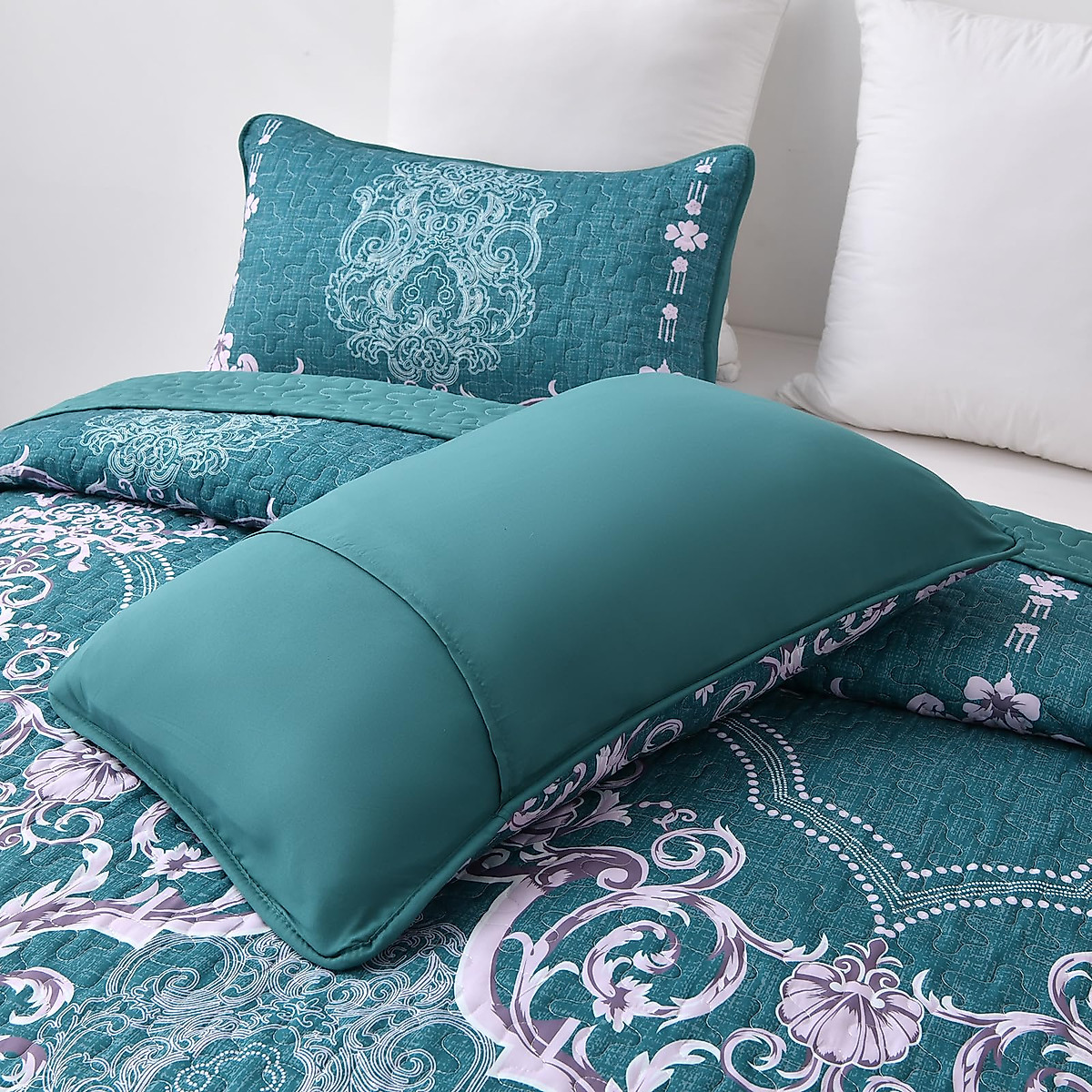 Dobuyly Teal Quilt Set Queen Size, 3 Pieces Boho Damask Green Bedspread Coverlet Set with 2 Pillowcases, Soft Lightweight Microfiber Luxury Quilt Bedding Set for All Season 96"x90"