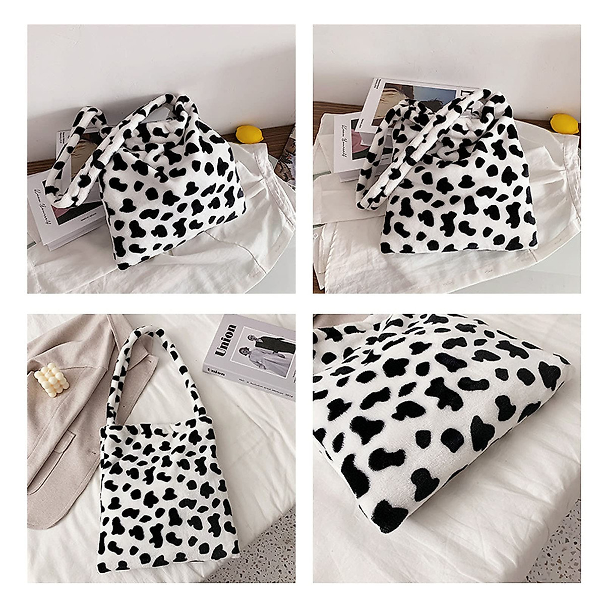 SUVIA Women Girls Fluffy Shoulder Bag Cute Bear Plush Handbag Flower Clutch Bag Leopard Underarm Bag Faux Fur Shopping Dating Cow Large Tote Handbag Purse (D: Brown Leopard)