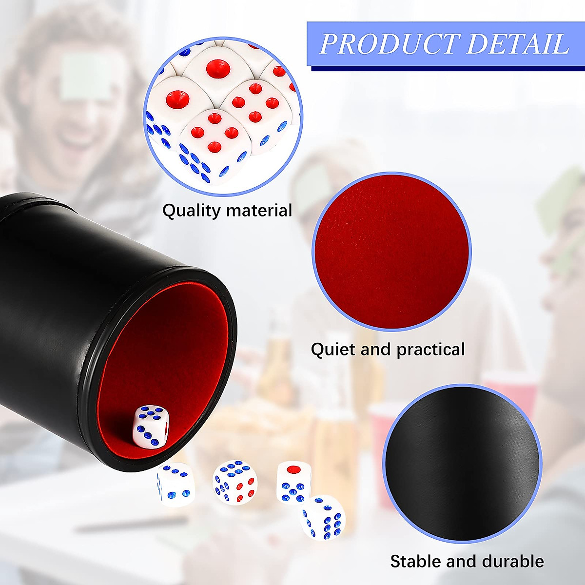 4 Pieces PU Leather Dice Cups, PU Leatherette Dice Cup Set, Red Felt Lining Quiet Shaker with 20 Dices for Craps Farkle Game Kill Time Pressure