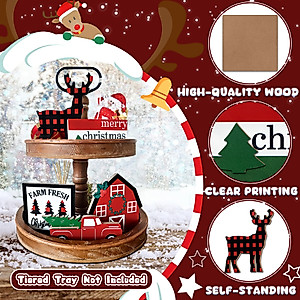 Guoofu Christmas Tiered Tray Decor, Farmhouse Tray Decorations Indoor, Merry Christmas Deer Truck Winter Wooden Signs, Rustic Christmas Decor for Kitchen Home Table Mantel Office Holiday Party