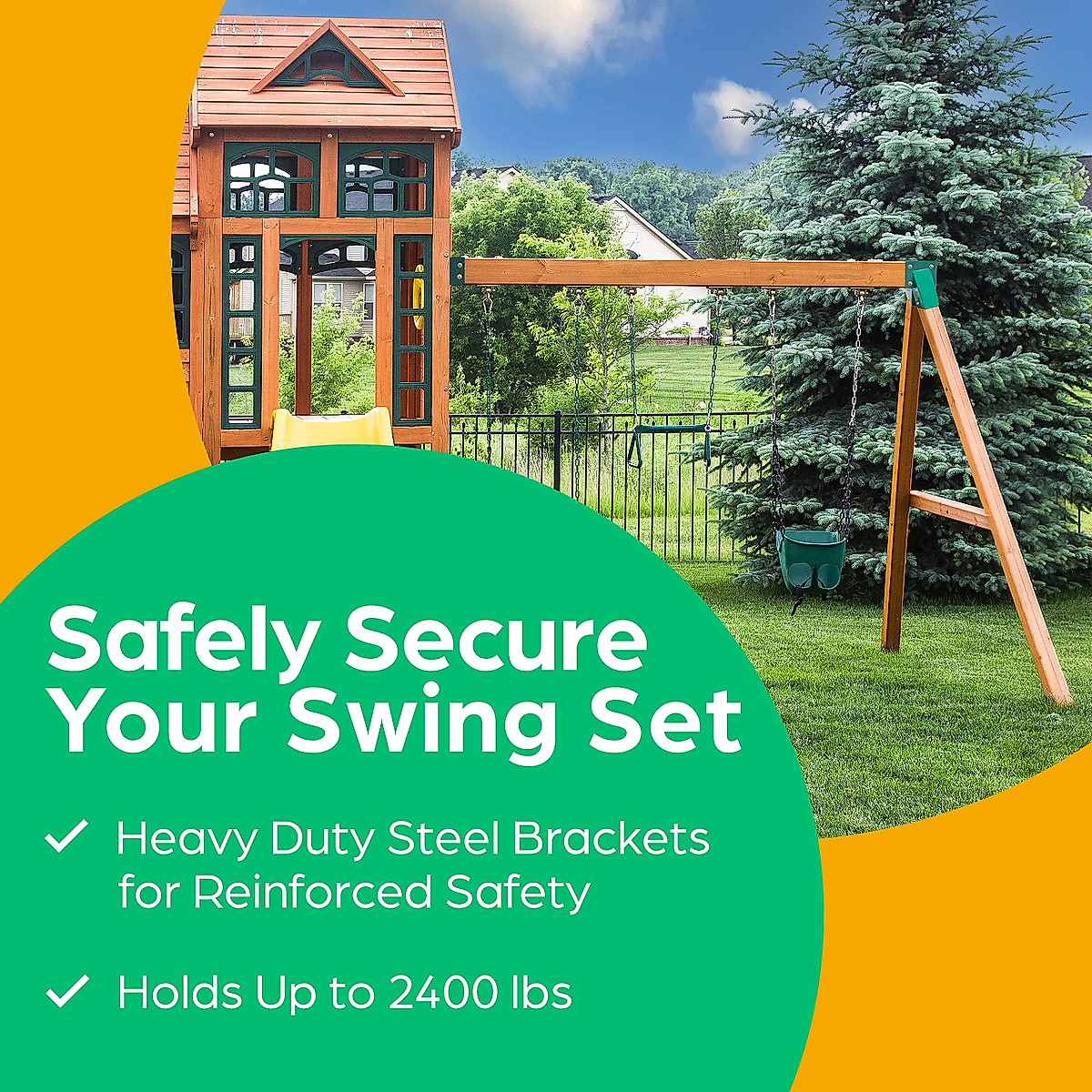 Jungle Gym Kingdom 2 Pack Swing Set Brackets – Premium, Heavy Duty, Steel A-Frame Bracket w/ Hardware - Includes Wood Screws & Washers