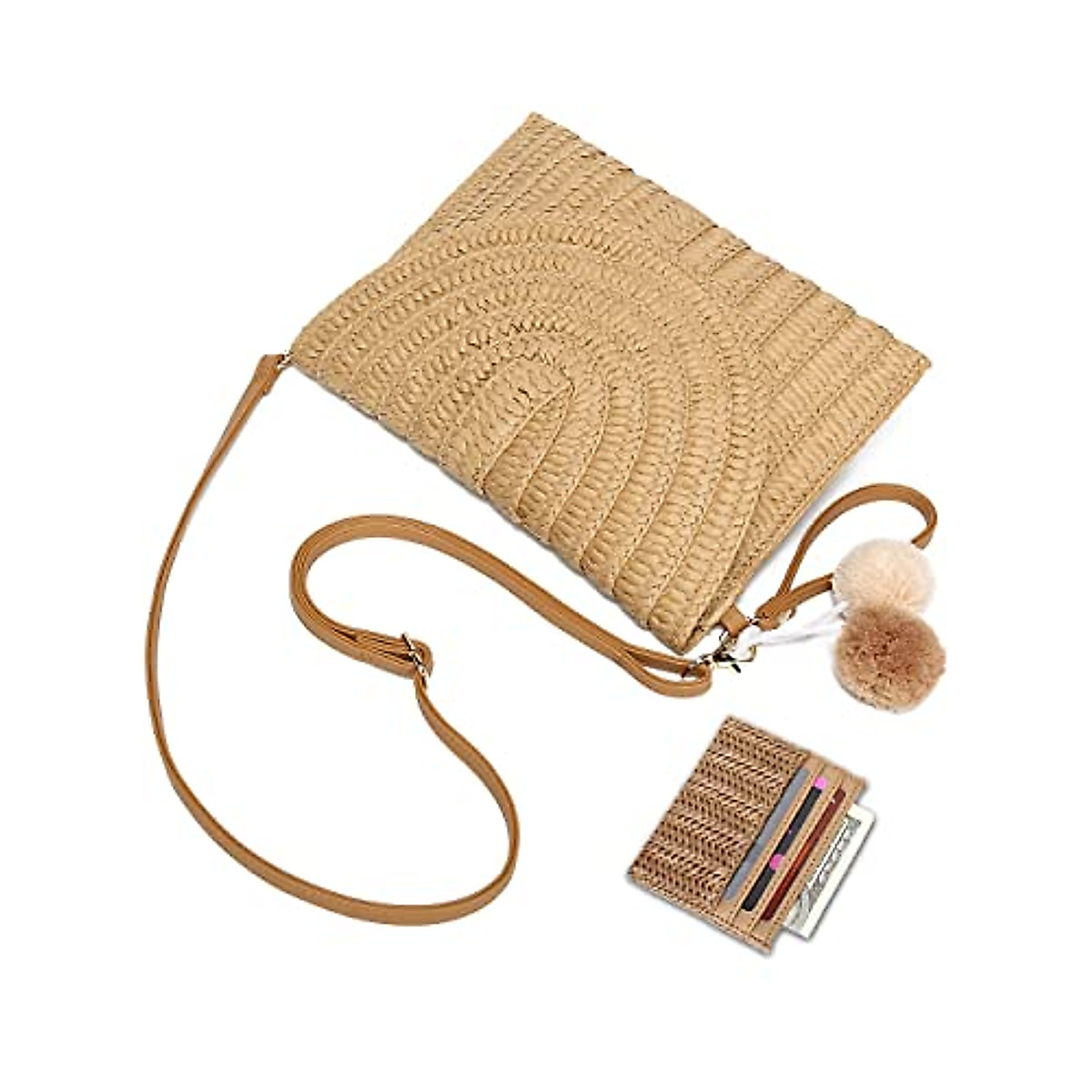 YIKOEE Straw Bag and Card Holder Set for Women Summer Beach Purse Woven Bag With PomPom