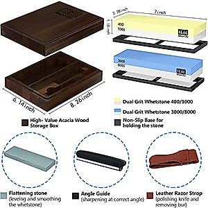Sharpening Stone Set with Wood Storage Box, SHAN ZU Whetstone Dual Grit 400/1000 & 3000/8000 Knife Sharpener Stone Includes Non-Slip Rubber Strip & Flattening Stone & Angle Guide & Leather Razor Strop