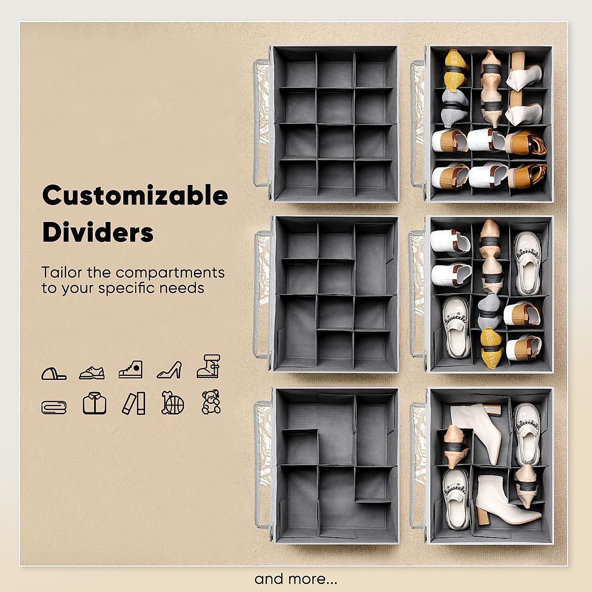 Homaisson 2-Pack Shoe Storage Organizer for Closet, Large Shoe Box Storage + 3 Pack Bed sheet organizers and storage, Foldable Sheet Set Organizers for Linen Closet (Grey+Black)