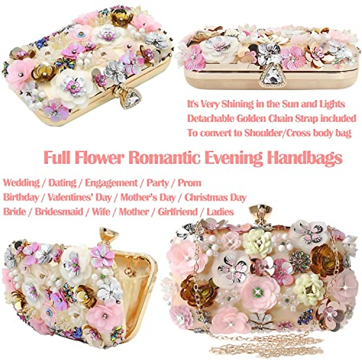 BBTT.ful Women Clutches Flower Evening Handbag Chain Strap Shoulder Bag handbag Wedding bag purse