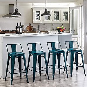 Andeworld Distressed Bar Stools Set of 4 Industrial Counter Stools Metal Barstools with Backrest (30 Inch, Distressed Design Teal)