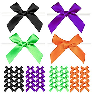 Twist Tie Bows Halloween, 100 Pcs Satin Bows for Halloween Treat Bags Candy Bags Bakery Tying Up Packages, Ribbon Bows Pre-Tied Bow for Gift Wrapping Packaging Party Decoration (4 Colors)