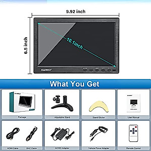 Haiway 10.1 inch Security Monitor, 1366x768 Resolution Small HDMI Monitor Small Portable Monitor with Remote Control with Built-in Dual Speakers HDMI VGA BNC USB Input for Gaming CCTV Raspberry Pi PC