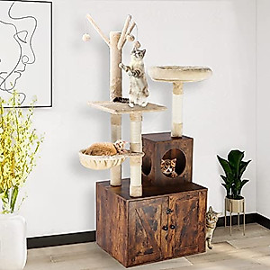 Timberer Litter Box Enclosure with Cat Tree, Wooden Cat House with Cat Tree Tower, Hidden Cat Litter Box Furniture with Scratching Post, Modern Cat Condo, Rustic Brown
