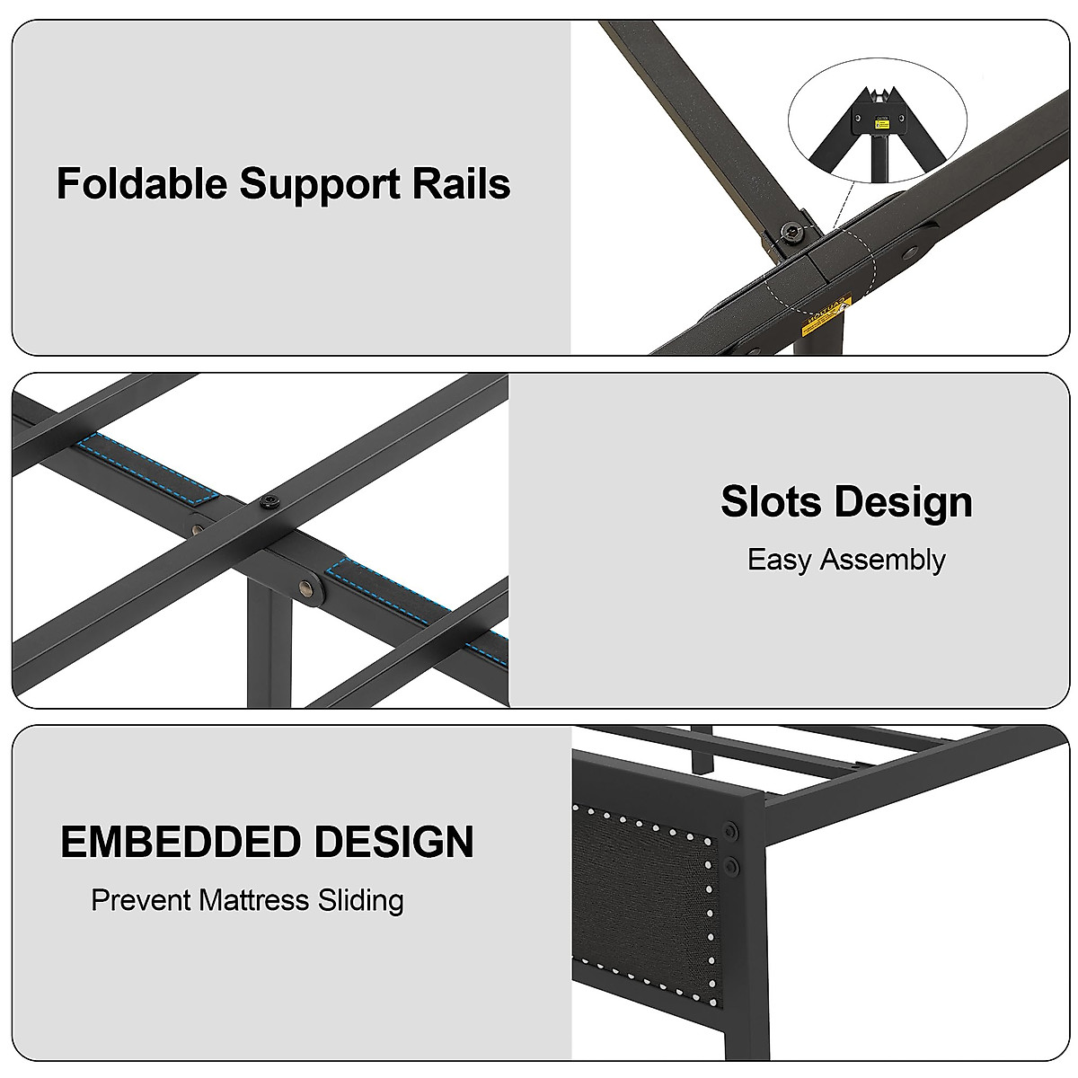 VECELO Queen Size Bed Frame with Linen Fabric Headboard and Footboard, Heavy-Duty Platform with Strong Steel Slats, No Box Spring Needed, Easy Assembly, Black