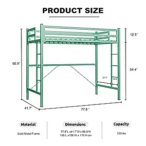 IKIFLY Junior Metal Twin Size Loft Bed Frame with 2 Ladders, Safety Guard Rail, Noise Free, Space-Saving Design - for Adults/Teens - Mint Green