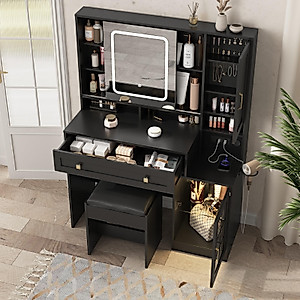 Vabches Vanity Desk with Sliding Mirror and Lights, 41.8'' Black Makeup Vanity Table with Jewelry Storage & Charging Station, Stool, Large Drawer, Visual Cabinet, 3 Lighting Modes, Adjustable Shelves