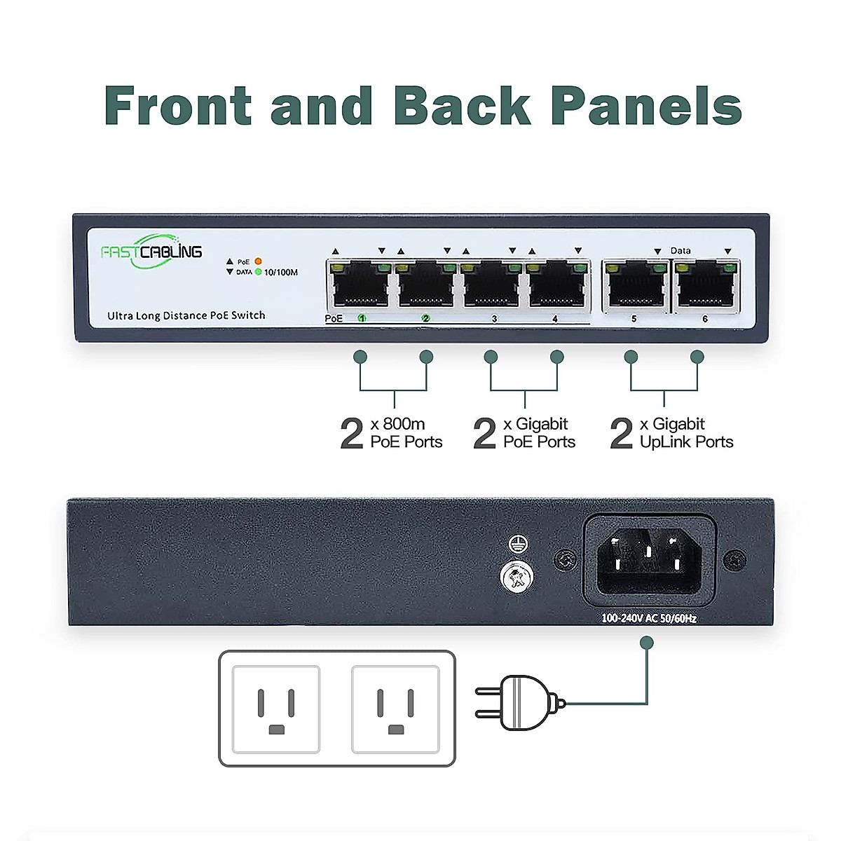 1500ft Long Range PoE+ Switch, PoE Extension with Continuous Run of cat5e/cat6, Fast Ethernet 10/100Mbps, 30W IEEE802.3at/af