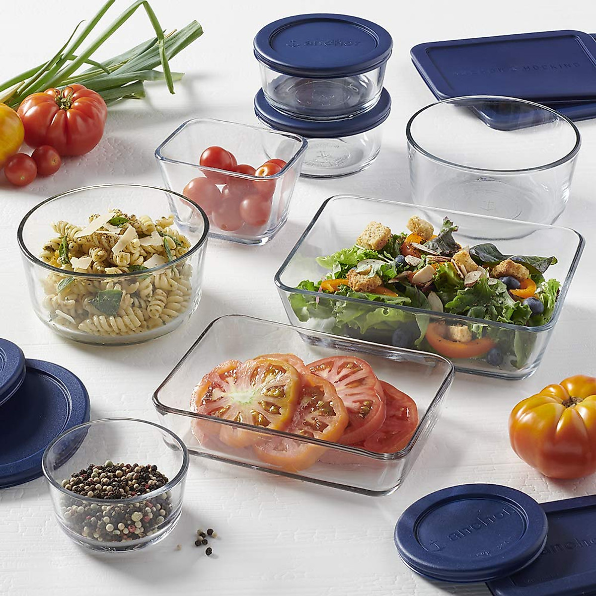 Anchor Hocking 16 Piece Round and Rectangle Glass Food Storage Containers, Space Saving Meal Prep, Navy BPA-Free SnugFit Lids