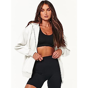 Prinbara Hoodies Jacket Coat for Women Long Sleeve Oversized Zip Up Fleece Sweatshirt Comfy Fall Clothes Y2K Trendy Top 9PA89-baise-L White