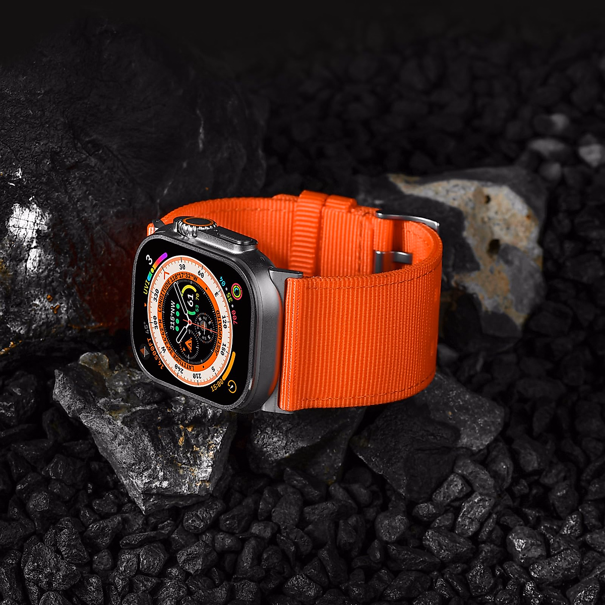 Tefeca Dual Series Band Compatible with Apple Watch Ultra 2/Ultra 49mm, Series 10 46mm, Series 9/8/7 45mm, SE2/SE/6/5/4 44mm (Orange Nylon with Silver Adapters, 49/46/45/44mm