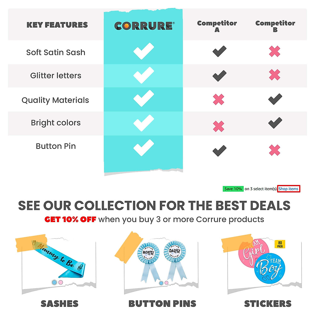 CORRURE Baby Shower Sash and Button Pin for Boy - 'Mom to Be' Sash and 'Dad to Be' Pin with Beautiful Blue Ribbon and Black Glitter Text - Ideal Mom and Dad Gift for Gender Reveal/Baby Shower