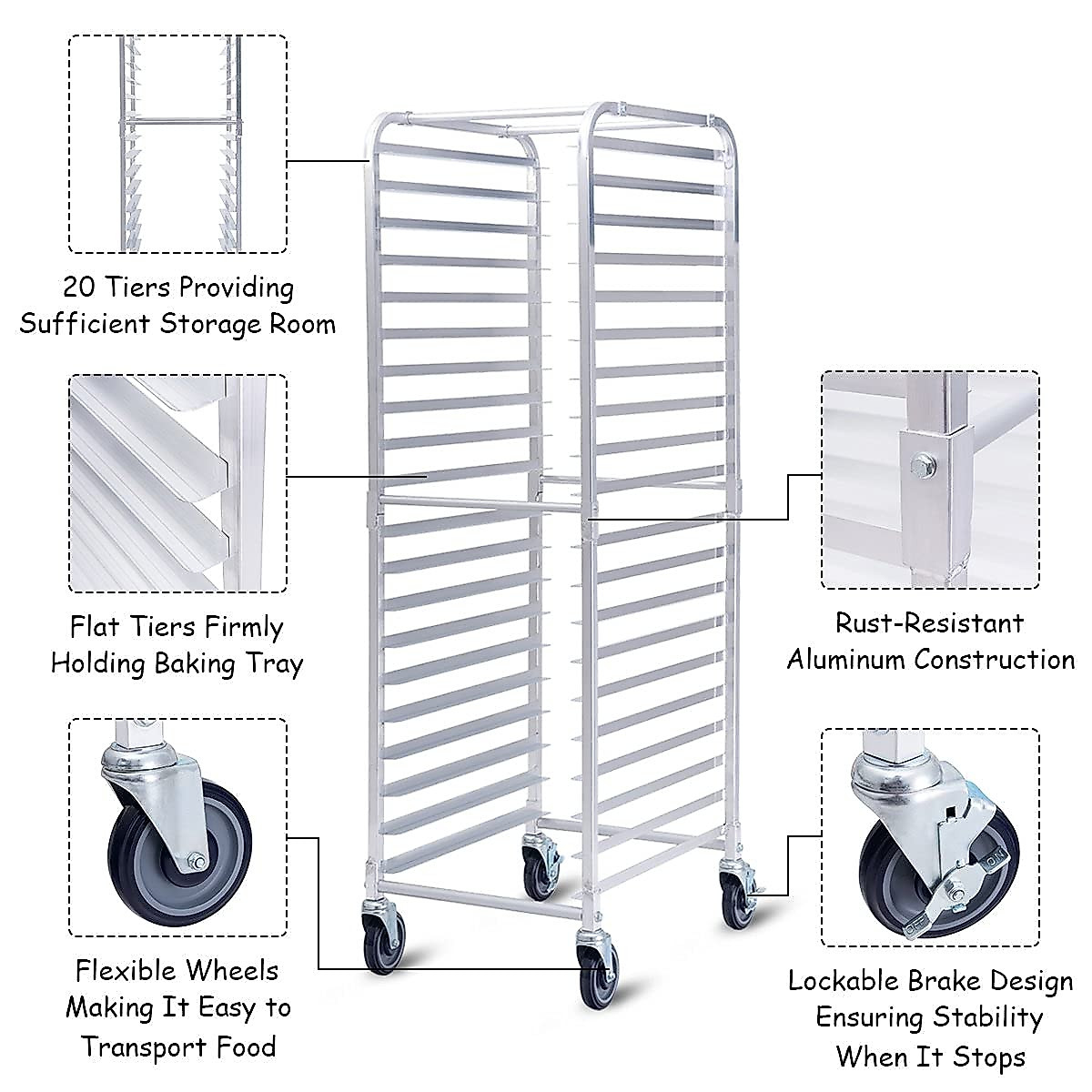 ReunionG 20 Tier Bun Pan Rack, Bakery Rack with 2 Lockable Wheels, 20 Sheet Aluminum Storage Cooling Trolley with Open Shelf, Dough Pizza Baking Mobile Rack for Home Commercial