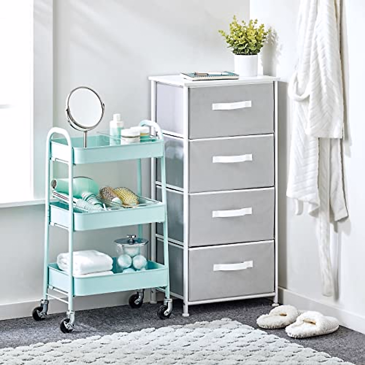 mDesign Metal 3-Tier Rolling Utility Storage Carts - Organizer Trolley for Bathroom, Kitchen, Laundry, Office, and Kids Rooms - Heavy Duty Caddy with 4 Caster Wheels - Mint Green