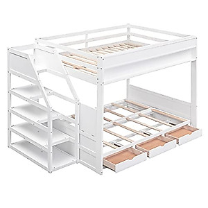 SOFTSEA Full Over Futon/Full Bunk Bed with Storage Staircases, Convertible Couch and Bed with Drawers, Wood Bunk Bed Frame for Kids Teens, No Box Spring Needed (White)