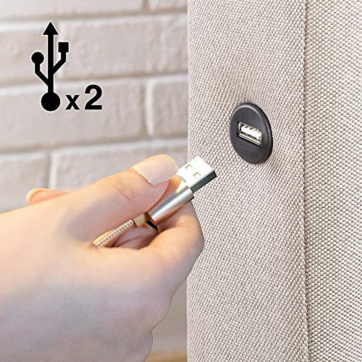 ZINUS Lottie Upholstered Platform Bed Frame with Short Headboard and USB Ports / Mattress Foundation / Wood Slat Support / No Box Spring Needed / Easy Assembly, Beige, Queen