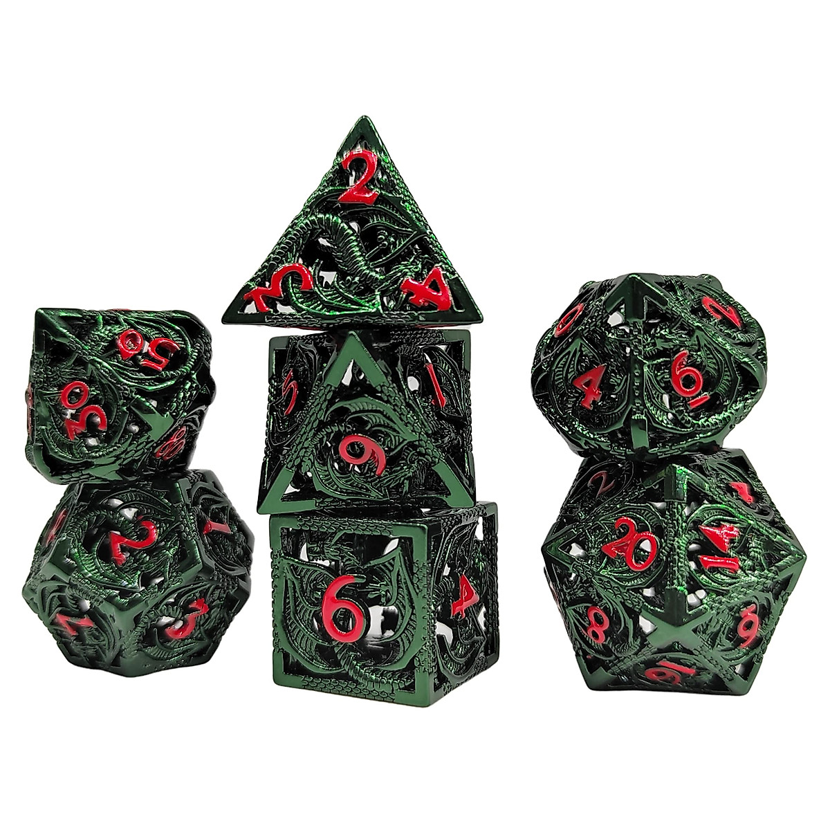 FOXBITE Green Hollow metal 7 Pcs Metal Dice Set D&D Dice Set, Polyhedral Dice Set for Dungeons and Dragons Dice, Blood Spattered Role Playing Dice Set, D+D RPG D and D Dice D20 D12(Rogue)