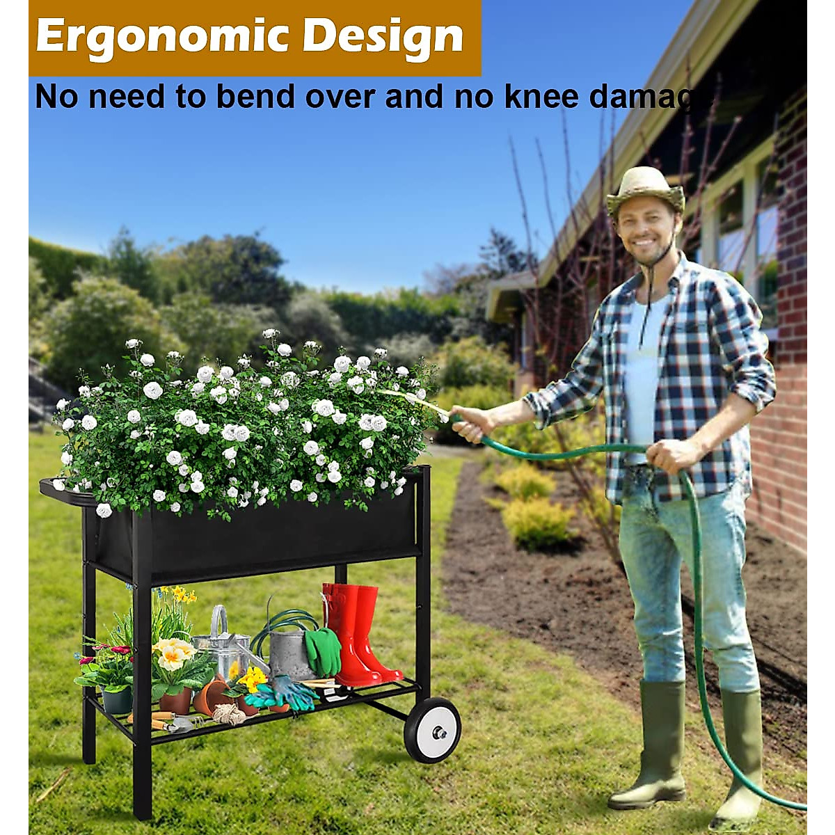 Koutemie Outdoor Raised Planter Box with Legs for Gardening, Elevated DIY Garden Bed Cart on Wheels for Vegetables Flower Tomato Herb Plant, Black