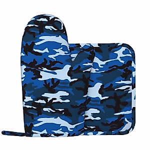 Blue Camo Silicone Oven Mitts Pot Holder Sets 2pcs Cute Design Washable Non Slip Kitchen Heat Resistant Mat Women's Cooking Gloves for Baking and BBQ Wear