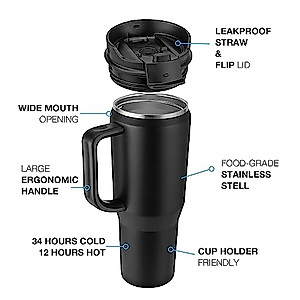 EALGRO 40 oz Tumbler with Handle, Insulated Tumblers with Lid and Straw, Large Metal Sports Water Bottle Jug, Thermal Stainless Steel Travel Coffee Mug Cup, Black