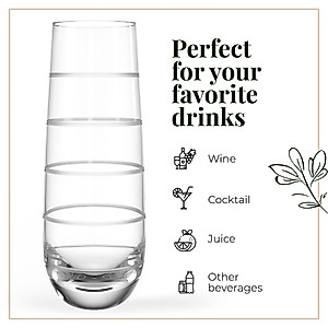 Fifth Avenue Crystal Medallion Stemless Champagne Flutes, Durable Glass, Mimosa, Cocktail Glasses Set, Prosecco Wine Flute, Bar Glassware, Toasting Wedding Glasses, Set of 6, Etched Patterns, 9.5oz