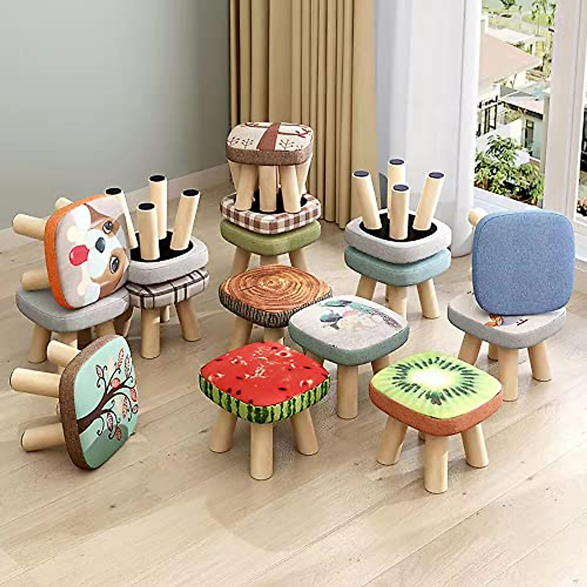 JZSMY Solid Wood Stool Home Square Low Stool Cute Children's Sofa Stool Chair Fashion Cartoon Creative Small Stool for Kids and Adult, Changing Stool Solid Wood Coffee Table Stool, Bear 330lb