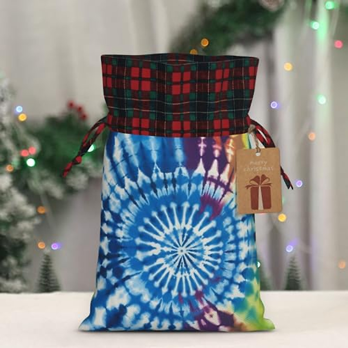 Christmas Gift Bags with Drawstring Burlap Gift Bags Abstract Tie Dye Christmas Linen Bags for Xmas Party Candy Bags with Cards Xmas Reusable Wrapping Bags Christmas Linen Treat Bags for Holiday