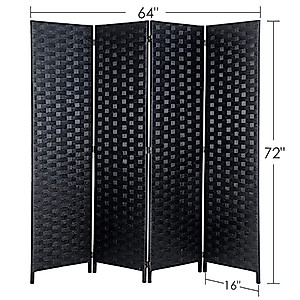 Rose Home Fashion 6 ft.Tall 16in Wide Room & Wall Dividers,Double Side Woven Fiber Divider,Better Privacy Screen,Folding Partition,Space Seperate Indoor Decorative 4 Panel Screen,Freestanding- Black