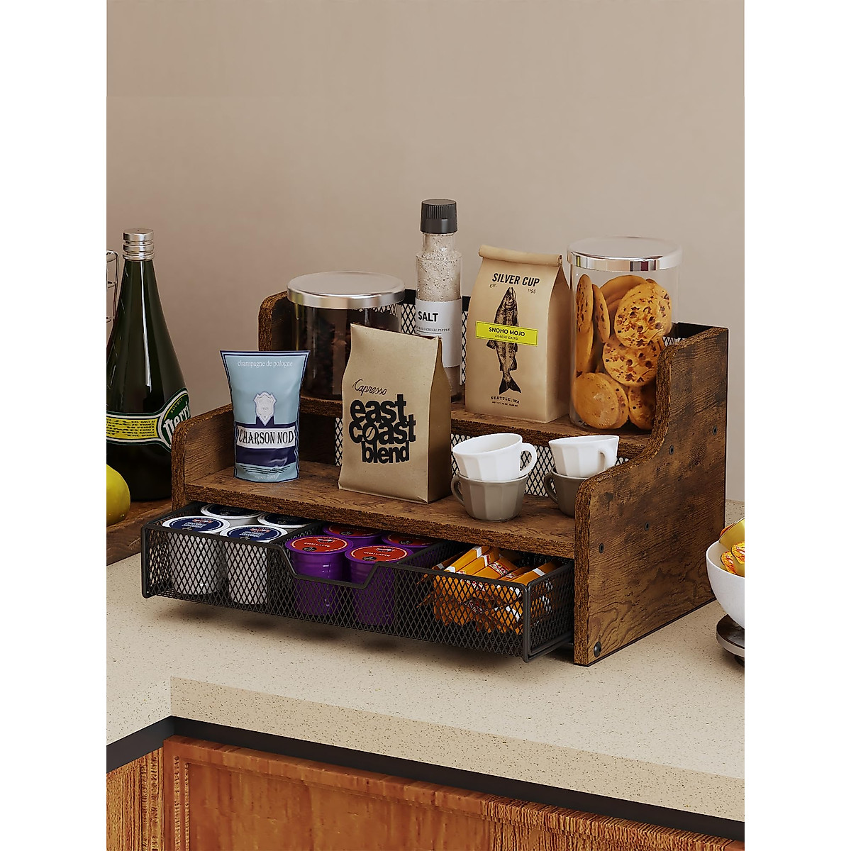 Tiaoheka Coffee Station Organizer for Countertop, Wood Coffee Bar Organizer with Drawer, Kcup Coffee Pod Holder Storage Box, K Cup Holder Organizer for Coffee Bar Accessories
