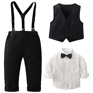 amokk Baby Boy Bow Tie and Suspenders Outfit Party Formal Wear Suits for 1st Birthday Clothing Set (Black, 12-18 M)