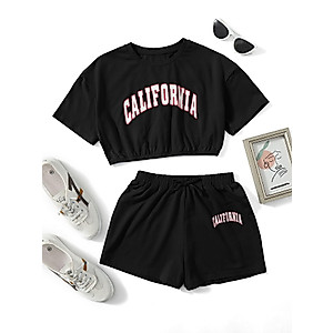 SHENHE Girl's Short Sleeve Letter Graphic 2Pcs Crop Top and Track Shorts Set Black 9Y
