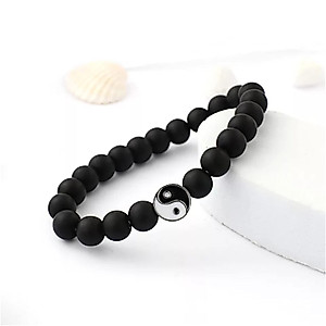 3Pcs Handmade Yin Yang Natural Stone Bead Bracelet Set for Women Men Best Friend Adjustable Braided Cord Strand Tai Chi Gossip Couple Matching Bracelet Friendship Jewelry Gift-B 3pcs