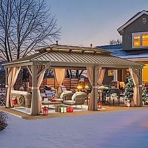 YITAHOME 12x20 ft Hardtop Gazebo with Nettings and Curtains, Outdoor Heavy Duty Aluminum Gazebo Combined of Horizontal and Vertical Stripes Roof for Patio, Backyard, Deck, Lawns and Balcony (Bronze)