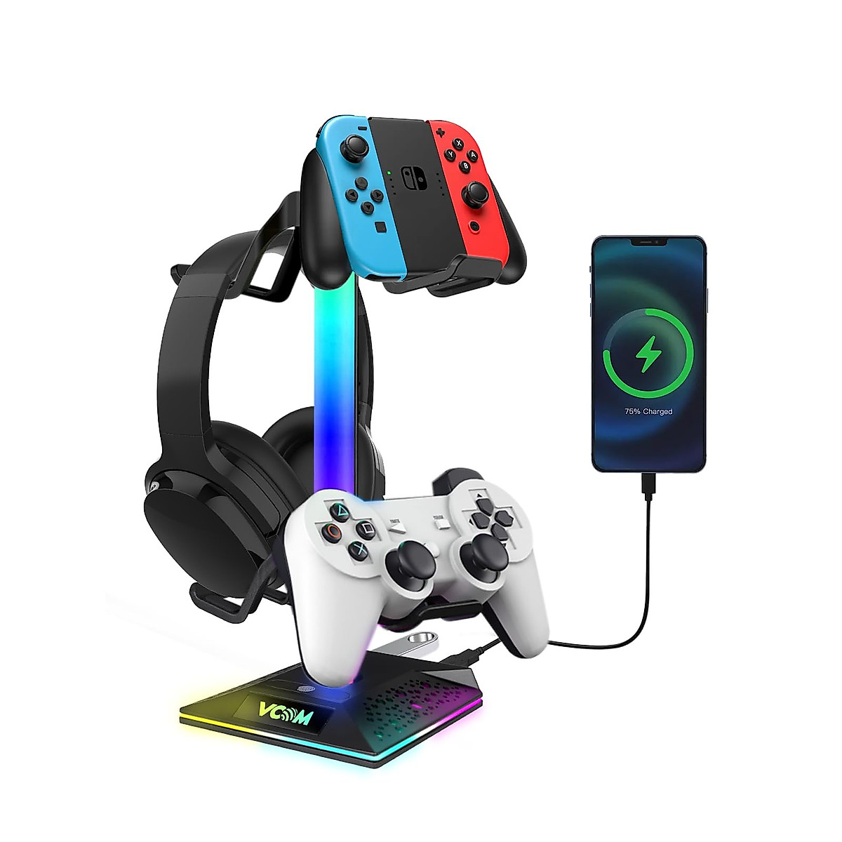 V VCOM RGB Gaming Headphones Stand with 2 USB Ports Headset Stand with 10 Light Modes and Non-Slip Rubber, Suitable for All Earphone Accessories, Best Gift for Husband, Kids, Boyfriend