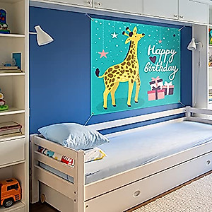 5665 Happy Birthday Backdrop Banner Decor Mint Green – Giraffe Animals Theme Happy Birthday Party Decorations for Boys Girls Supplies