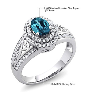 Gem Stone King 925 Sterling Silver London Blue Topaz Engagement Ring For Women (1.36 Cttw, Oval 6X4MM, Gemstone Birthstone, Available In Size 5, 6, 7, 8, 9)