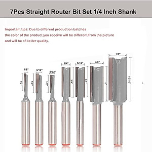 7Pcs Straight Router Bit Set 1/4 Inch Shank, Carbide Tipped Double Flute Straight Cut Router Bits, Straight Bit for Dado Trimming Cutter, Cut Dia 1/8",5/32", 3/16",1/4",5/16",3/8",1/2"